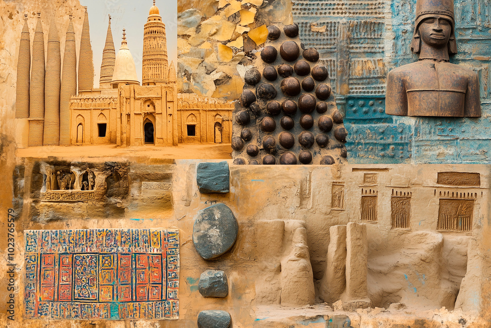 collage of different symbols of Mali's ancient and artistic heritage ...