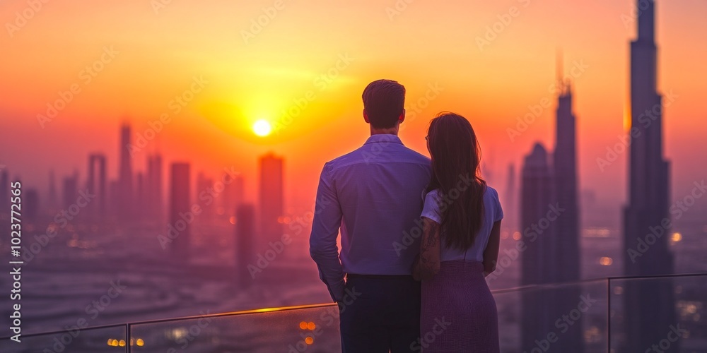 A romantic sunset view in a modern city. A couple stands together ...