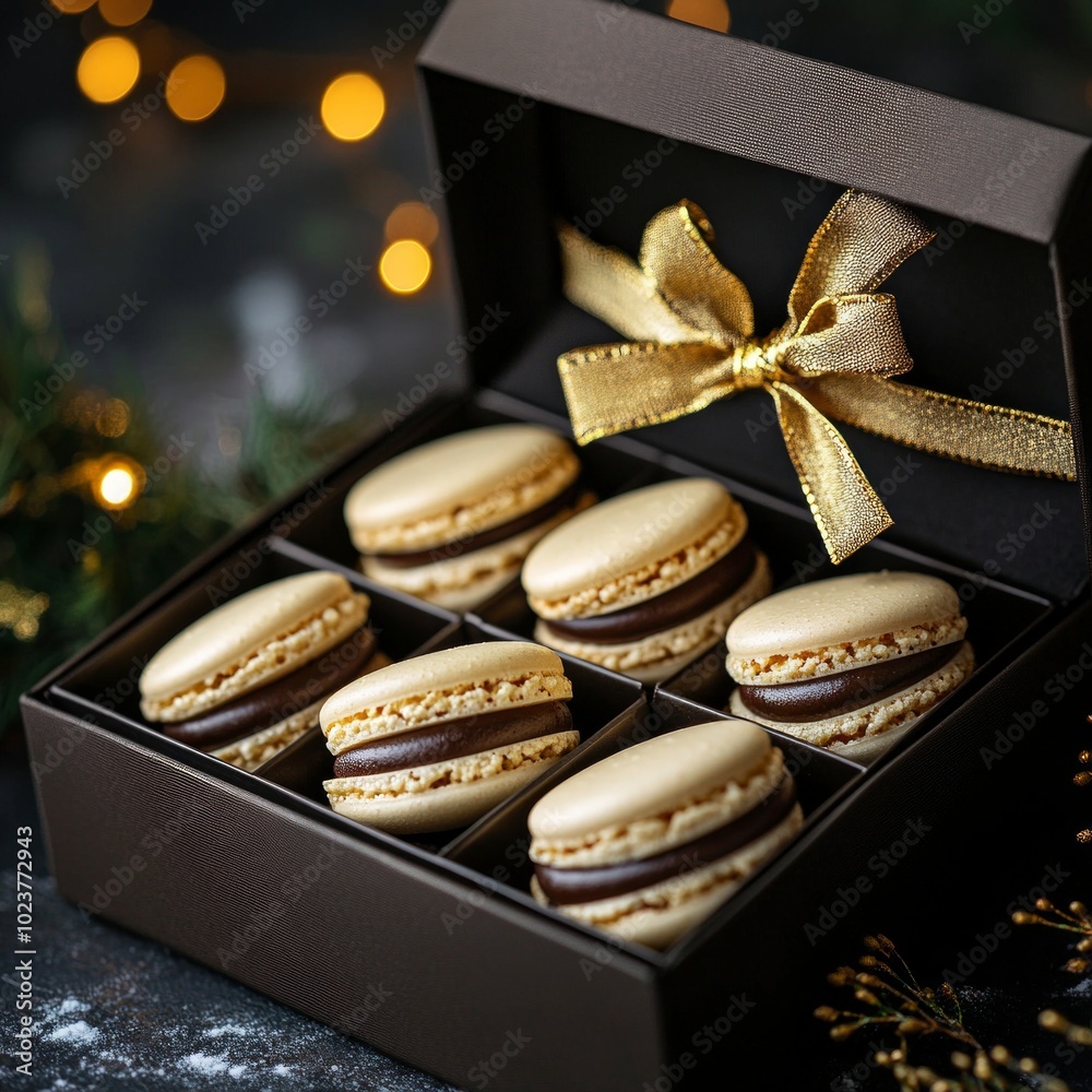 Six delicious golden macarons arranged in a gift box. The treat has a ...