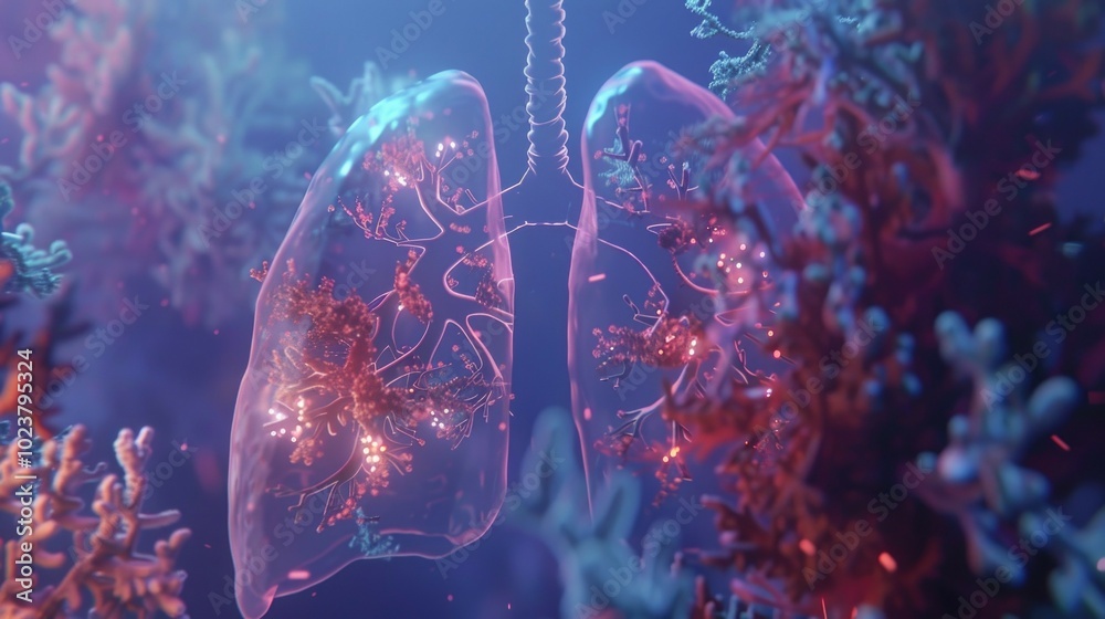 A 3D rendering of human lungs with intricate detail of bronchi ...