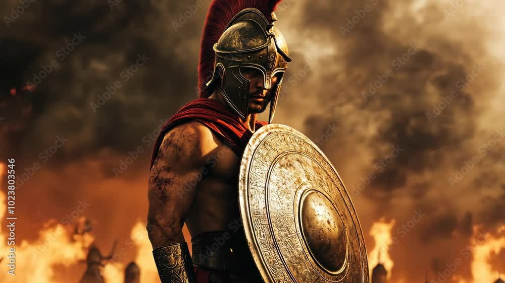 Victorious Spartan Warrior Stands Defiant Amidst Fiery Battlefield in a ...