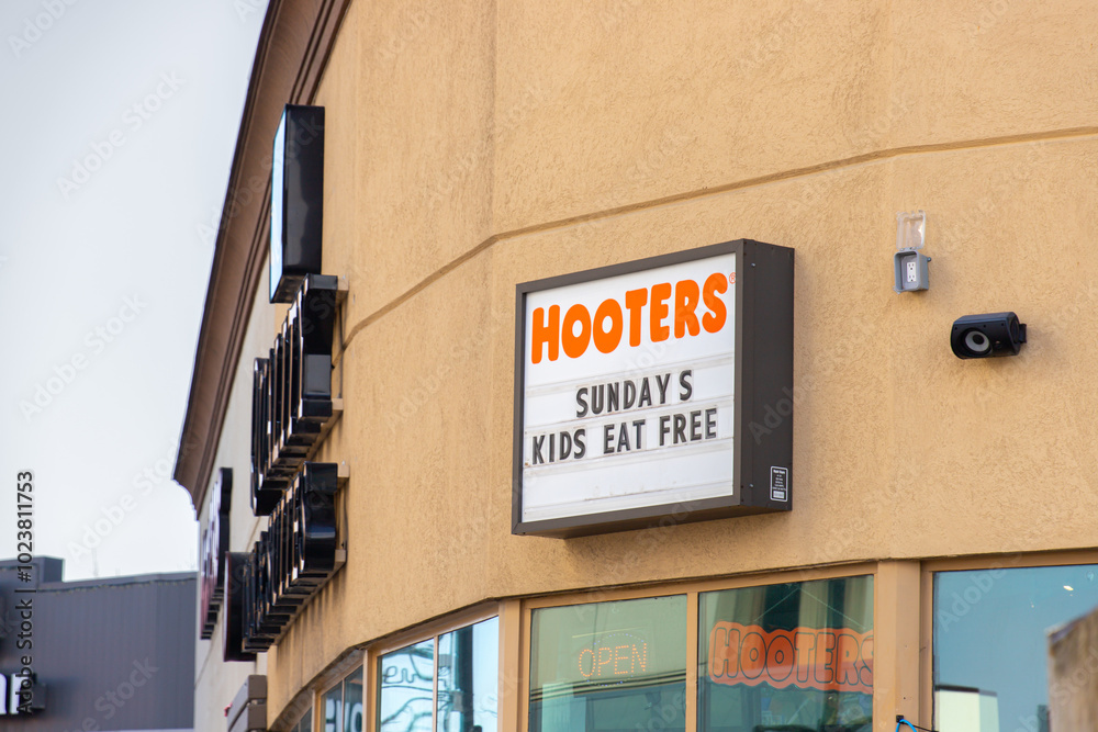 Niagara, CANADA - Feb 21 2024 : Close-up of a Hooters restaurant sign ...