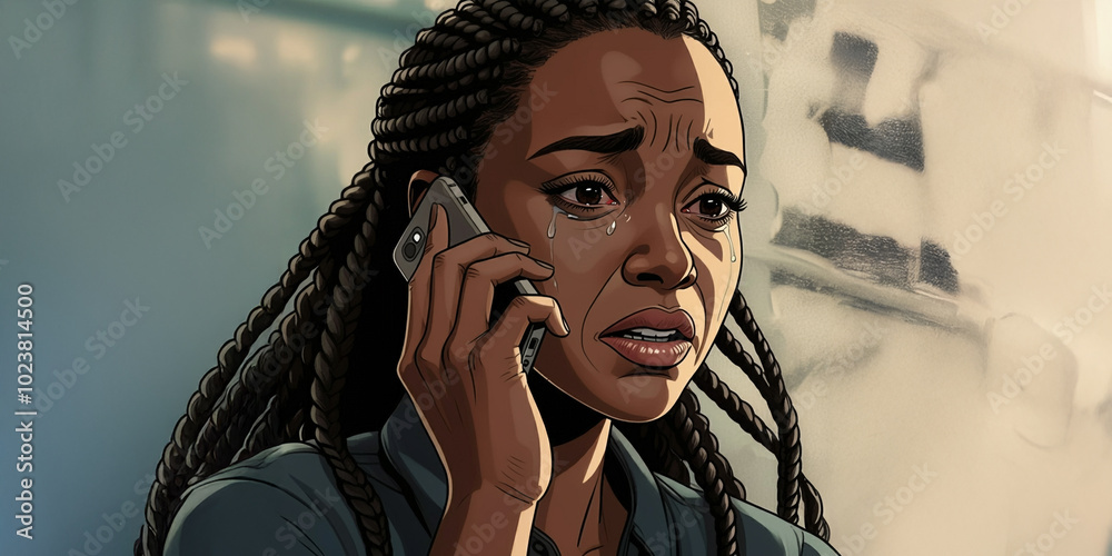 Black Woman Crying on His Cell Phone, Emotion Face Reaction, Sad Tears ...