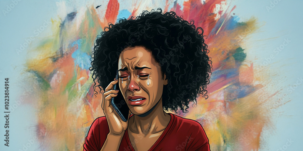 Black Woman Crying on His Cell Phone, Emotion Face Reaction, Sad Tears ...