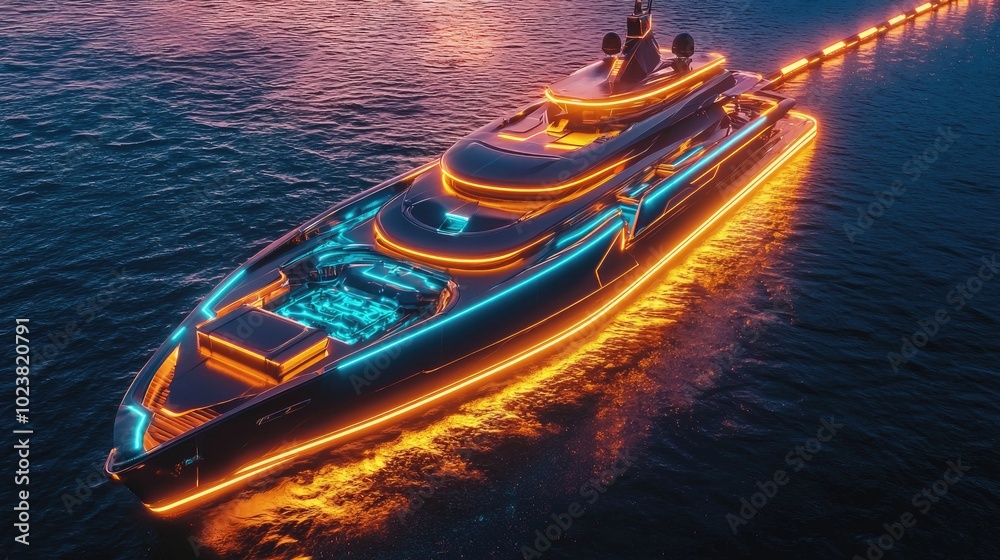 Black Luxury Yacht with Neon Lights Sailing on the Water at Dusk Stock ...