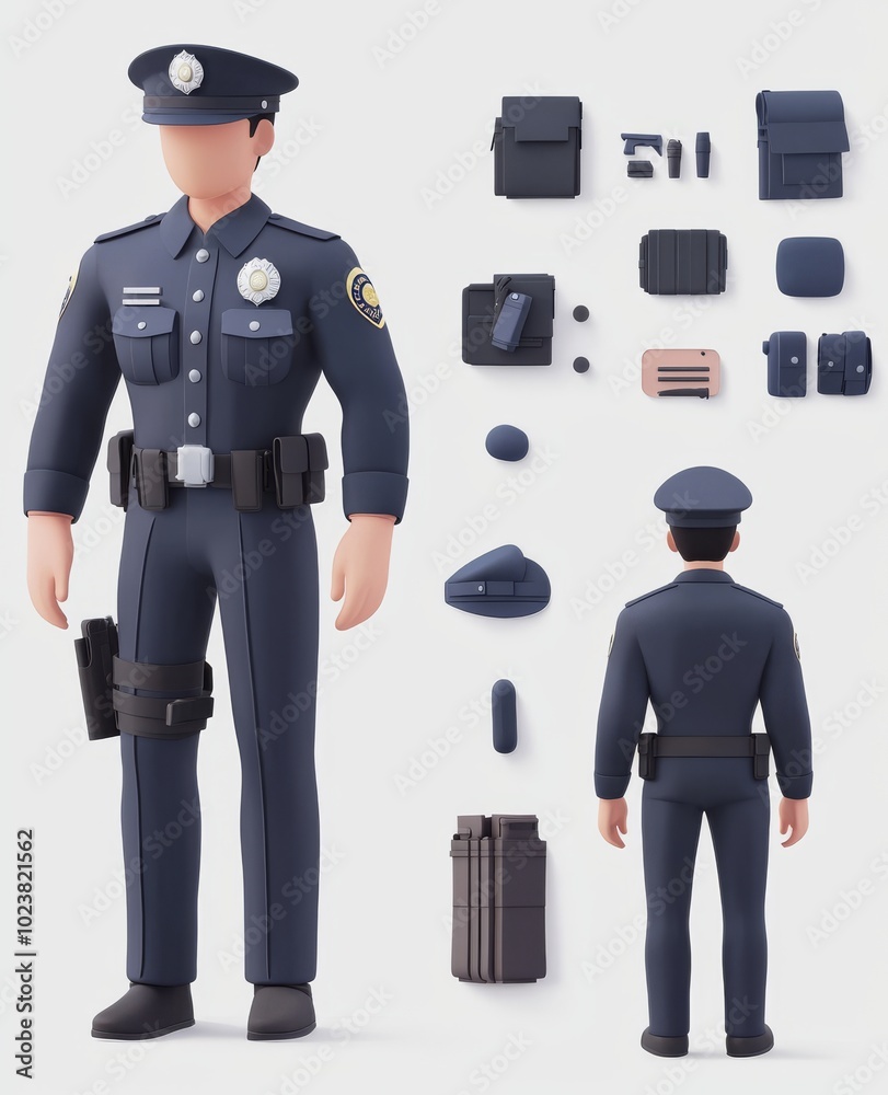 This realistic 3D modern illustration of a police uniform and cap with ...