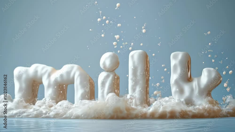 White milk text made of farm cow milk and splashes on light blue ...