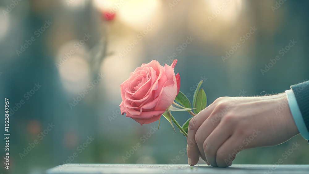 A mourner placing a single rose on a casket during a graveside service ...