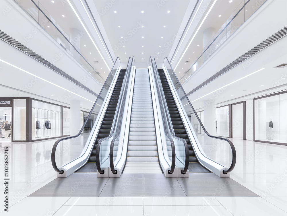 Escalator Moving Upwards in a Vibrant Mall with Polished Chrome ...