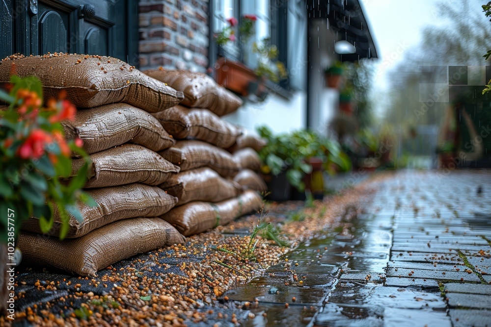 Sandbag barrier for flood protection safeguarding homes from water ...
