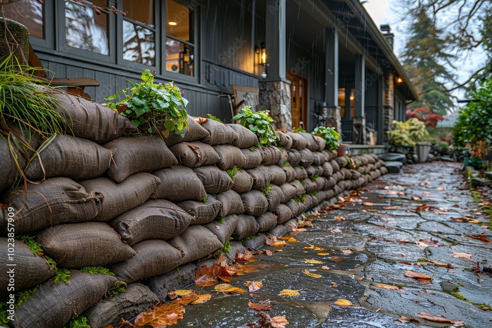 Sandbag barriers for flood defense protecting homes from water invasion ...