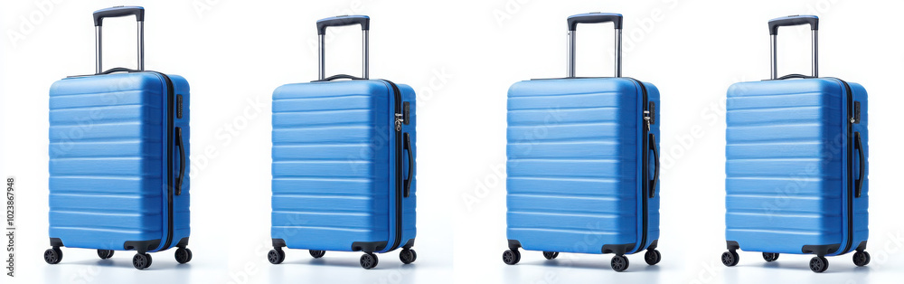 Blue hard-shell suitcases are displayed from various angles on a white ...