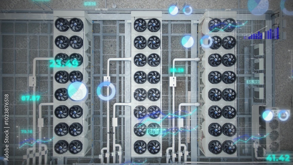 Top-down aerial of a data center with ventilators, digital graphs, and ...
