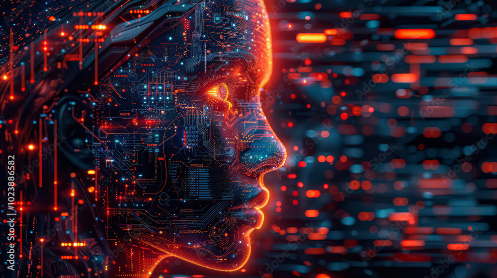 Computer generated face with a red eye and a blue background. The face ...