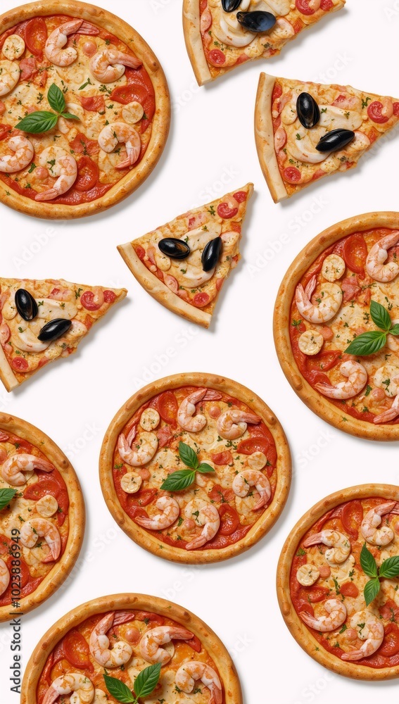 Seamless pizza pattern featuring seafood elements for various designs ...