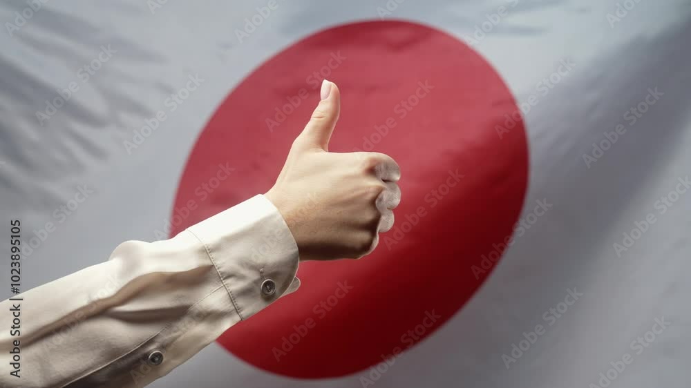 Woman Makes Hand Sign Like, Thumb Up Gesture on japanese flag ...