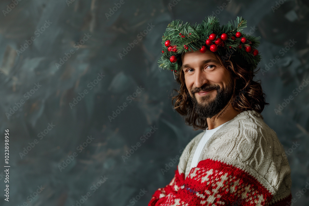Jesus Christ with a Santa hat and Christmas sweater celebrating with a ...