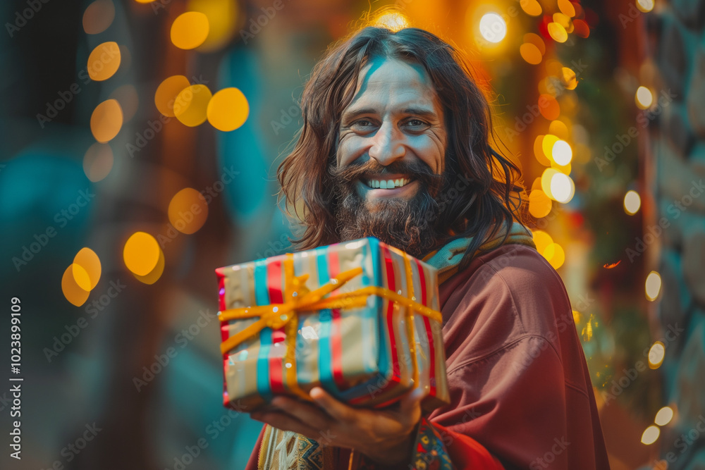 Jesus Christ giving a Christmas gift with a joyful smile, sharing faith ...