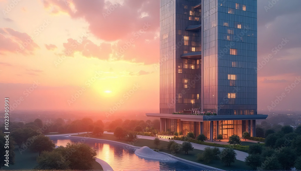 Skyscraper backdrop reflecting the sunset. A modern, luxurious ...