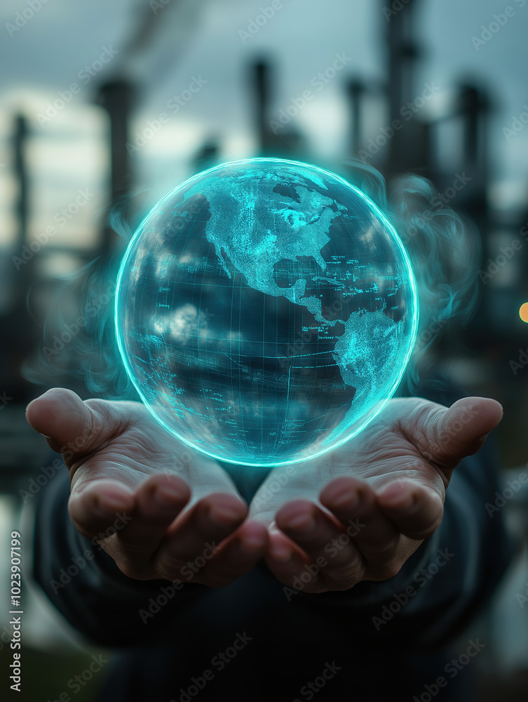 A Earth Diagram Float Just Above His Hands, With A Light Glow Outlining ...