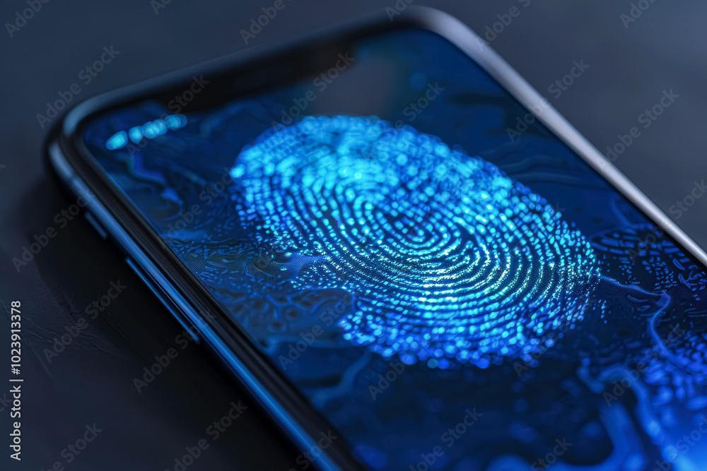 Blue cell phone screen shows a fingerprint. Concept of security and ...