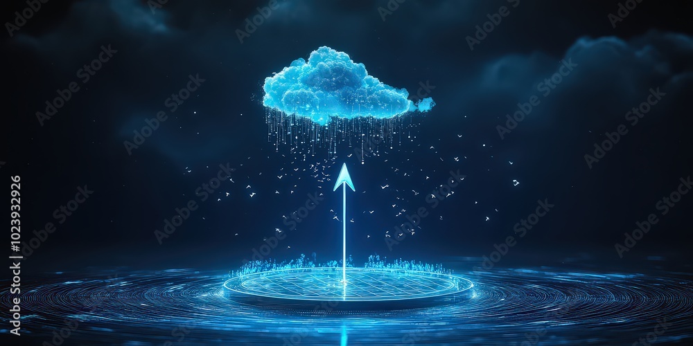 Cloud computing concept with glowing cloud icon and upward arrow, symbolizing data upload and ...