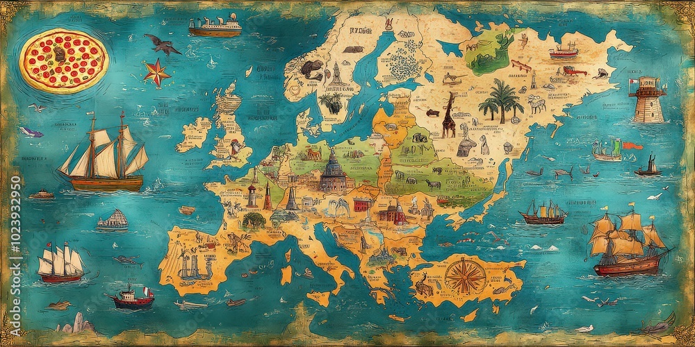 whimsical comic map of Europe with colorful exaggerated icons like ...