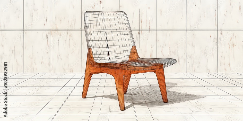 simple 3D wireframe chair model with four legs, a flat seat, and ...