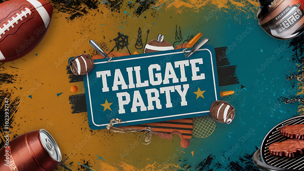 Football and grill, orange and blue, grunge style, tailgate party ...