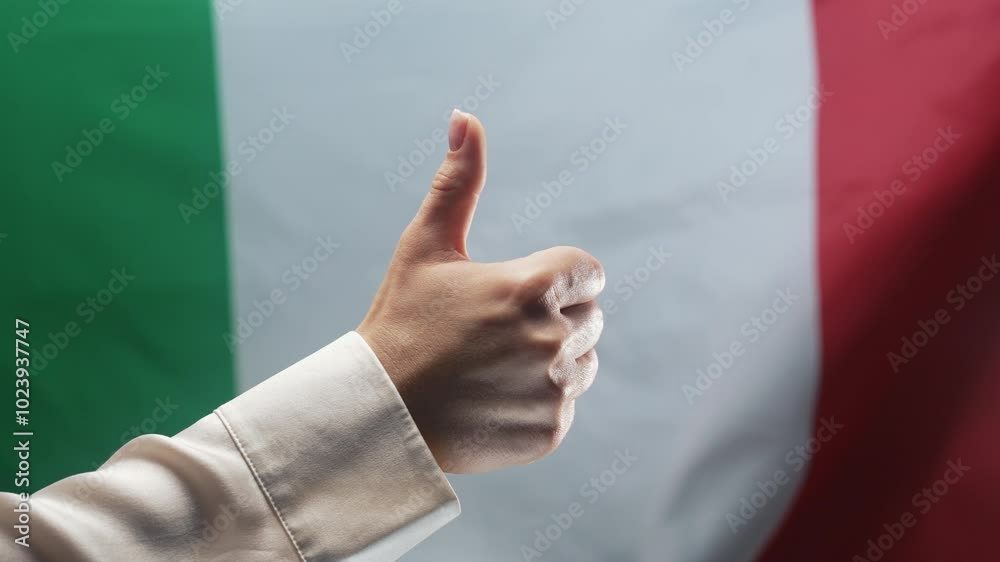 Woman Makes Hand Sign Like, Thumb Up Gesture on italian flag background ...