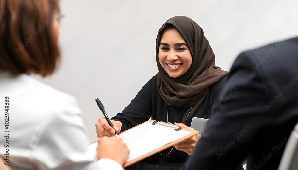 Cheerful arab female psychologist writing in clipboard, having session ...