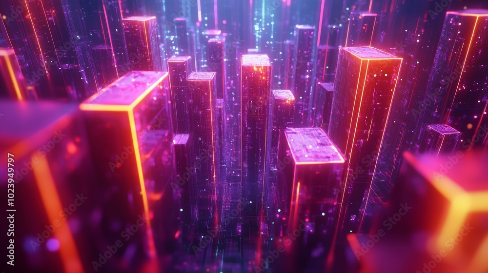 Floating french fries with neon-glowing edges, swirling in a virtual ...
