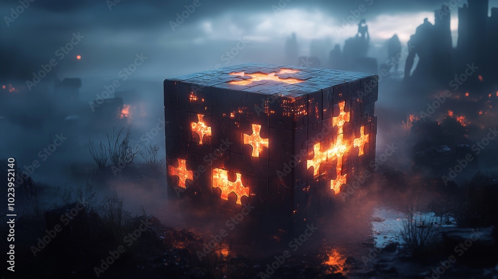 A floating puzzle box with pieces glowing in ghostly light, symbols ...