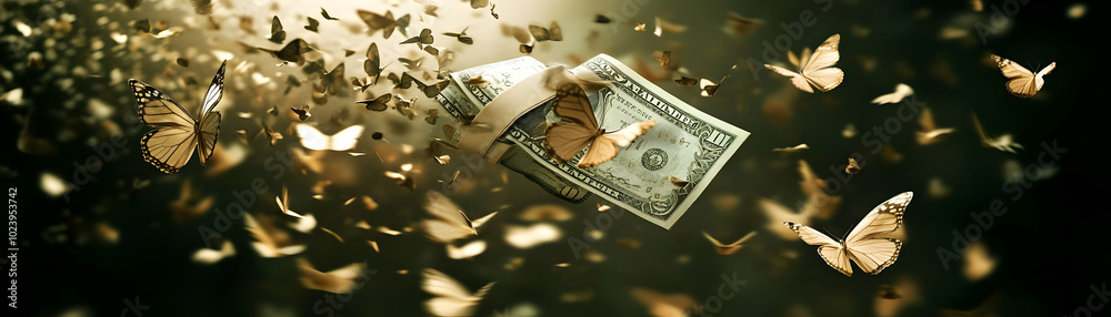 Soft Focus Cash Butterfly Effect: Wide Shot of Cash Note Transforming ...