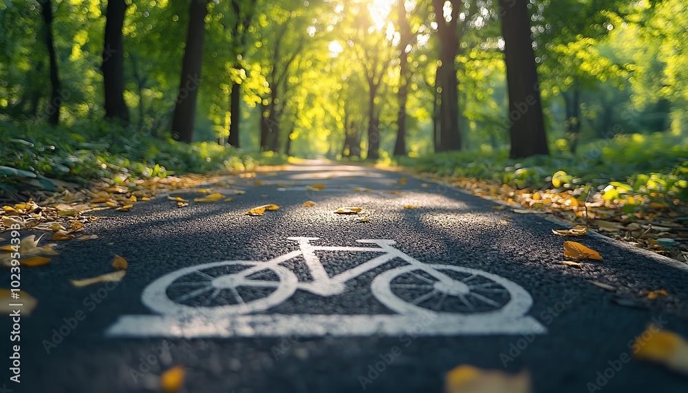 Scenic bike path sign along a treelined route, illustrating the focus ...