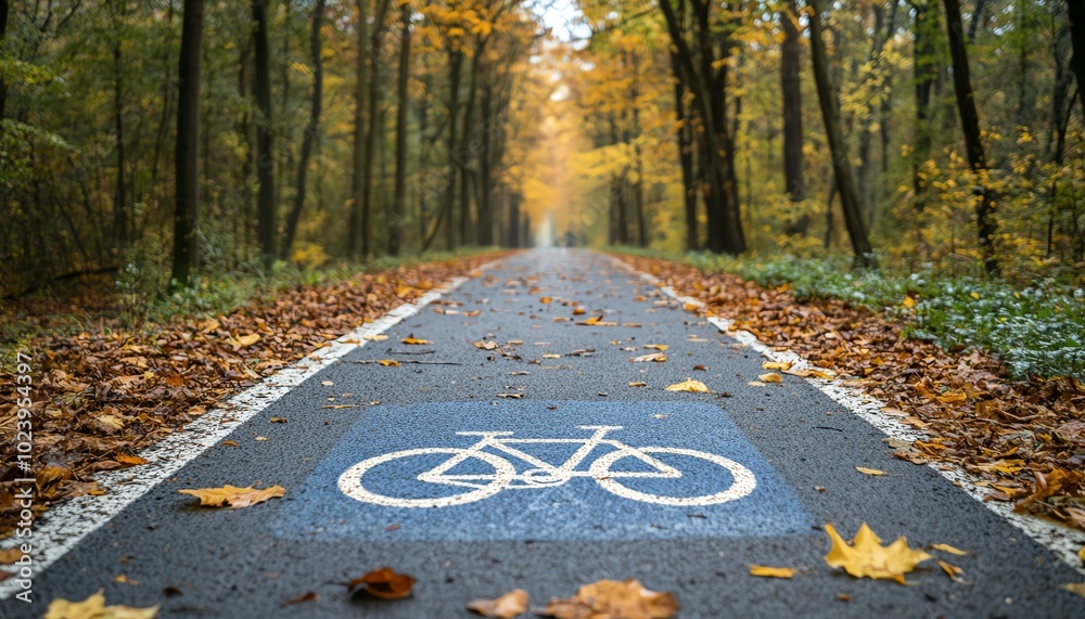Scenic bike path sign along a treelined route, illustrating the focus ...