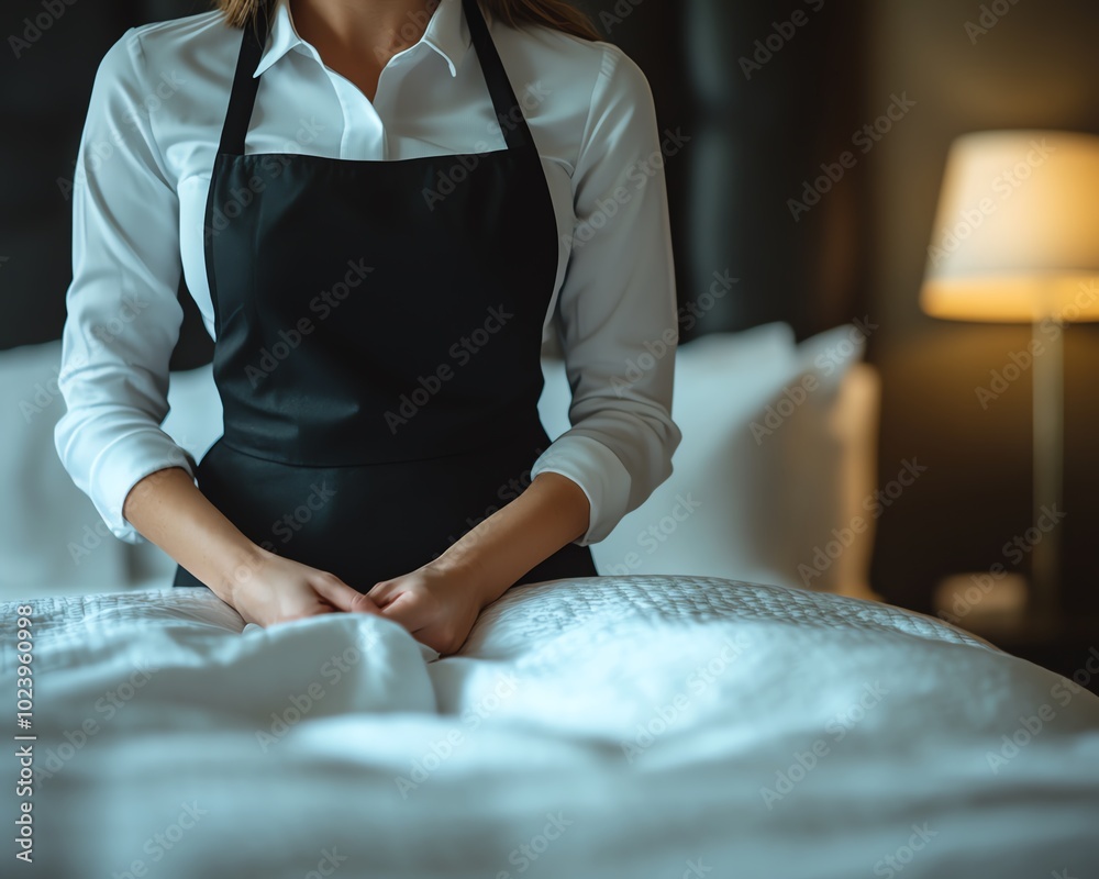 Closeup of a housekeeper making the bed, modern hotel setting ...