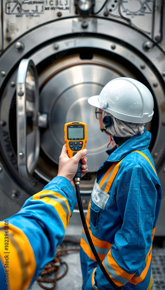 Worker female hand holding gas detector inspection safety gas testing ...