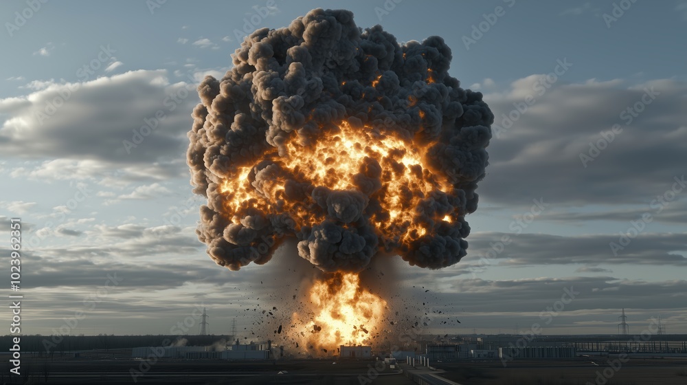 Huge explosion is seen in the sky, with smoke and debris falling to the ...
