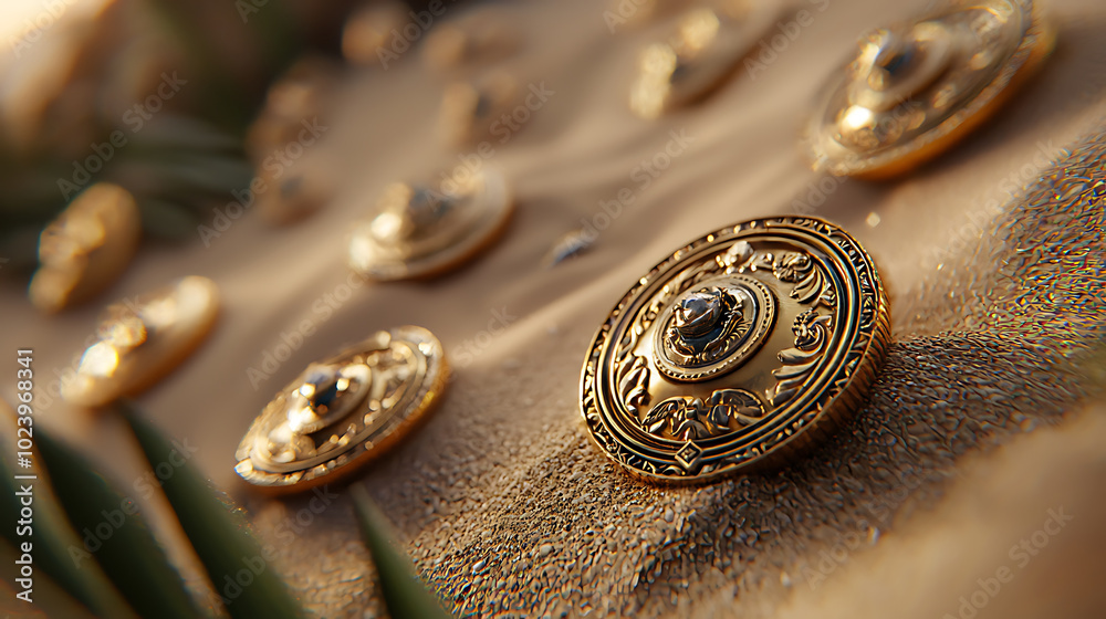 Ancient gold coins buried in sand symbolize hidden treasures and lost ...