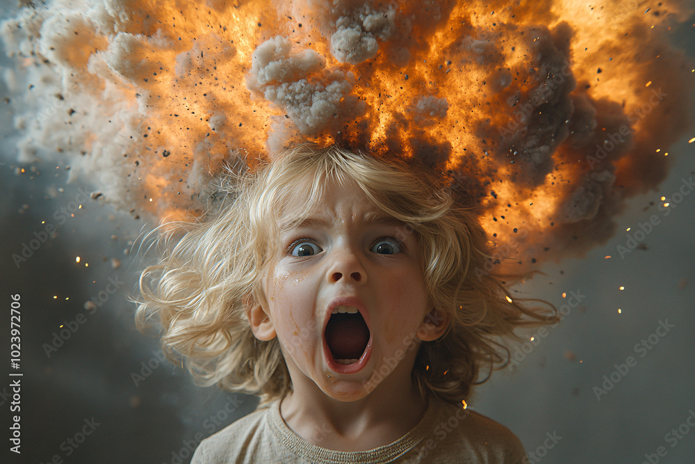 A dramatic image of a young boy screaming with intense rage as a fiery ...