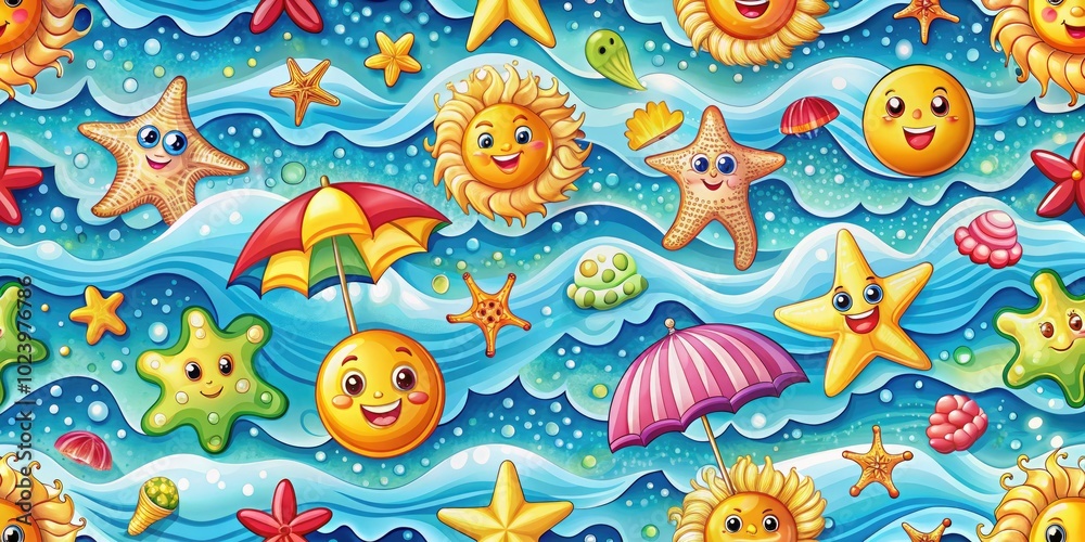 Charming cartoon-inspired beach elements including suns, waves, shells ...