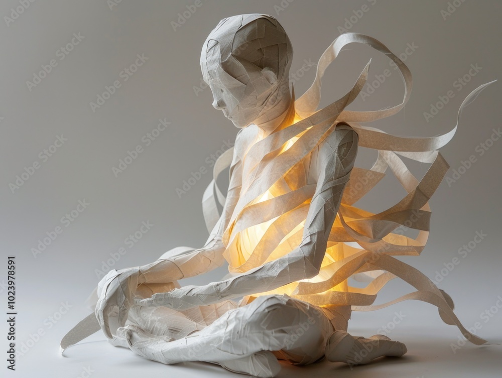 Paper Sculpture of Seated Figure with Internal Glow, Symbolizing Inner ...