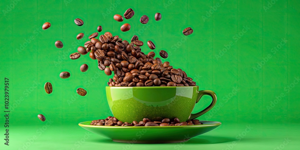 Chroma key green screen features a floating coffee cup with beans ...