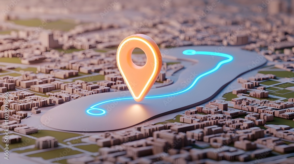 Glowing GPS Map with Minimalist Neon Route on 3D City Grid Layout Stock ...