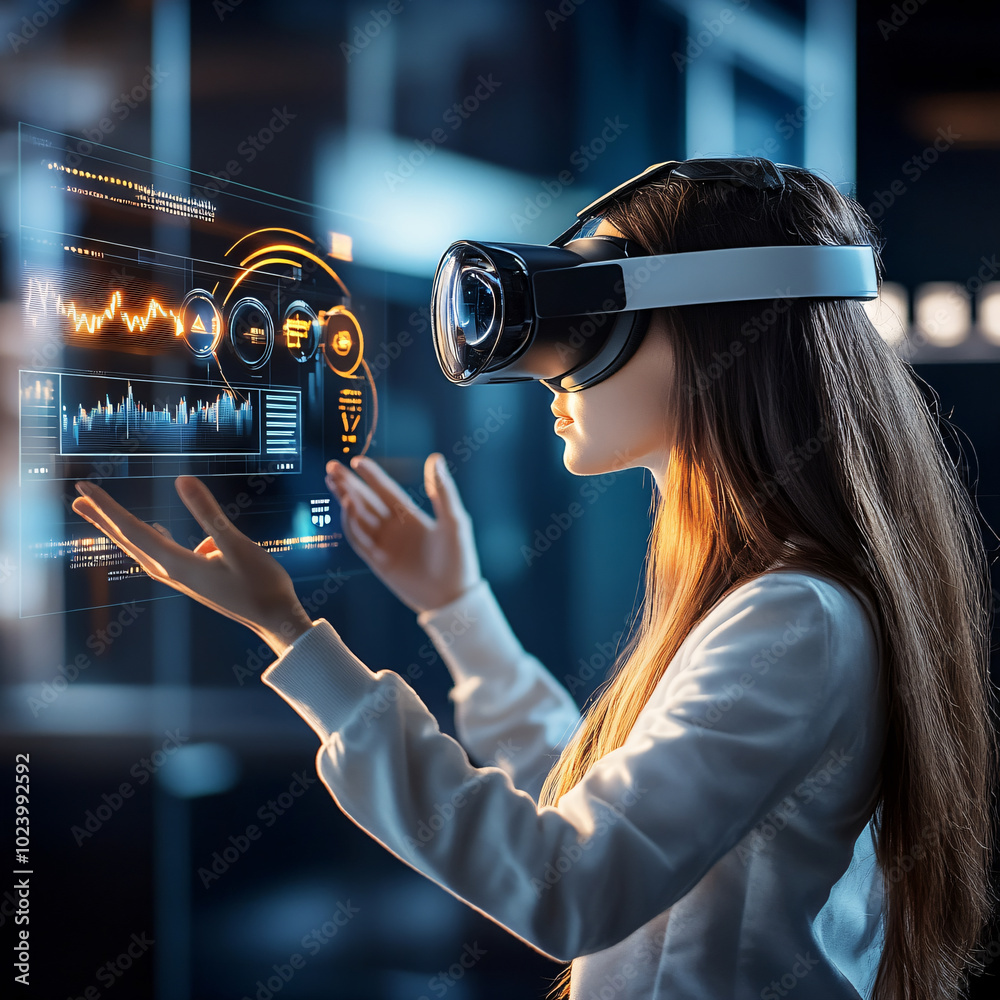user in virtual reality world interacts with digital interfaces, showcasing advanced technology ...