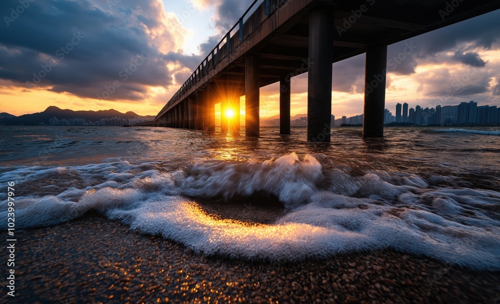 Captivating sunset scene showcasing an iconic bridge structure ...