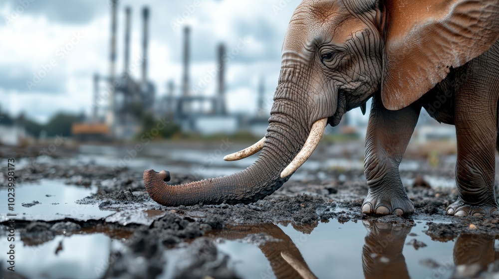 An elephant approaches polluted water in front of factories, depicting ...