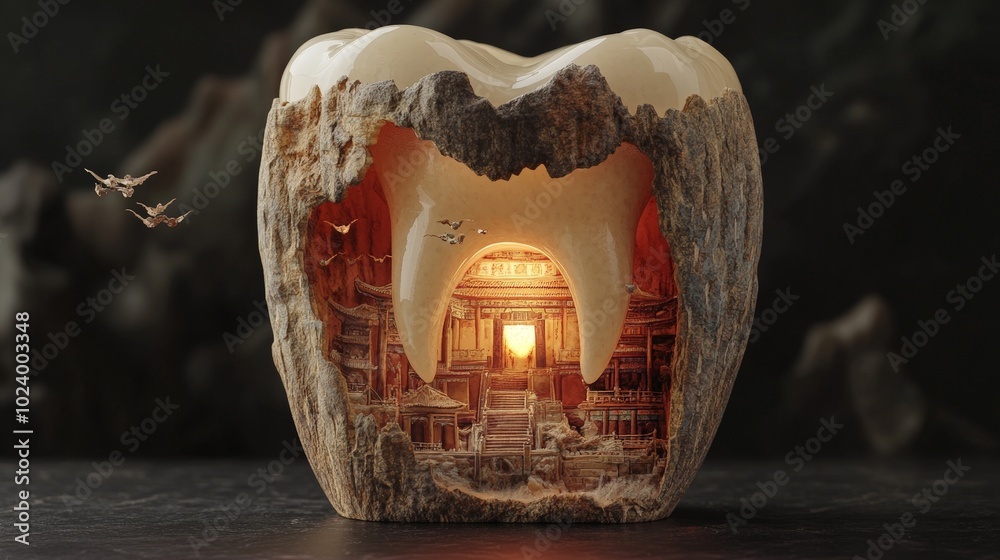 A cutaway of a molar tooth featuring a detailed ancient Chinese grotto ...