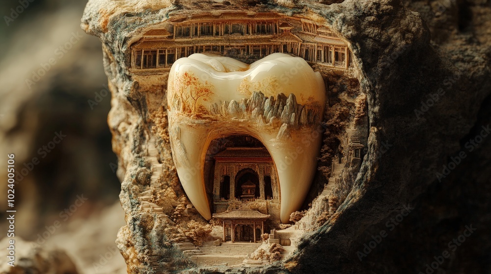A sci-fi work showing the cross-section of a molar tooth transformed ...